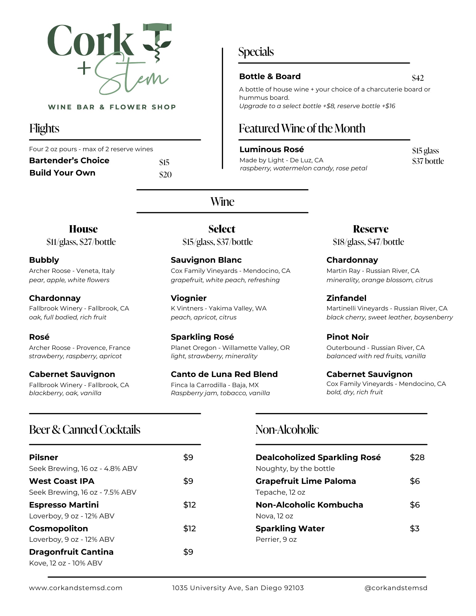 Menu – Cork & Stem