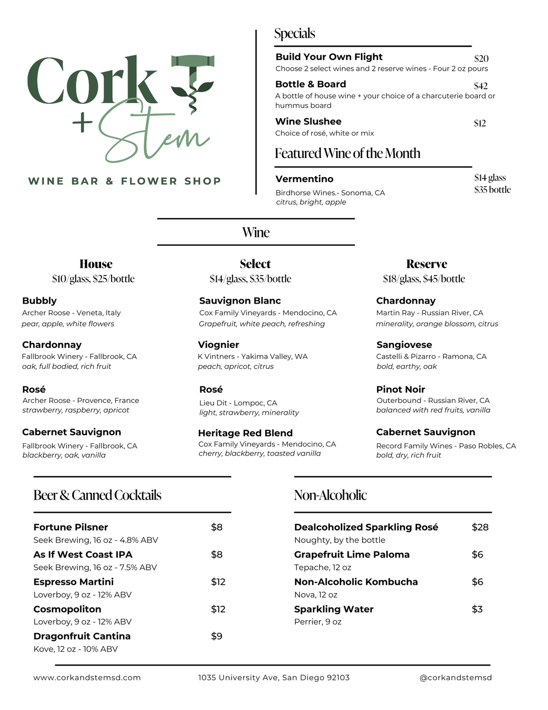 Menu – Cork & Stem